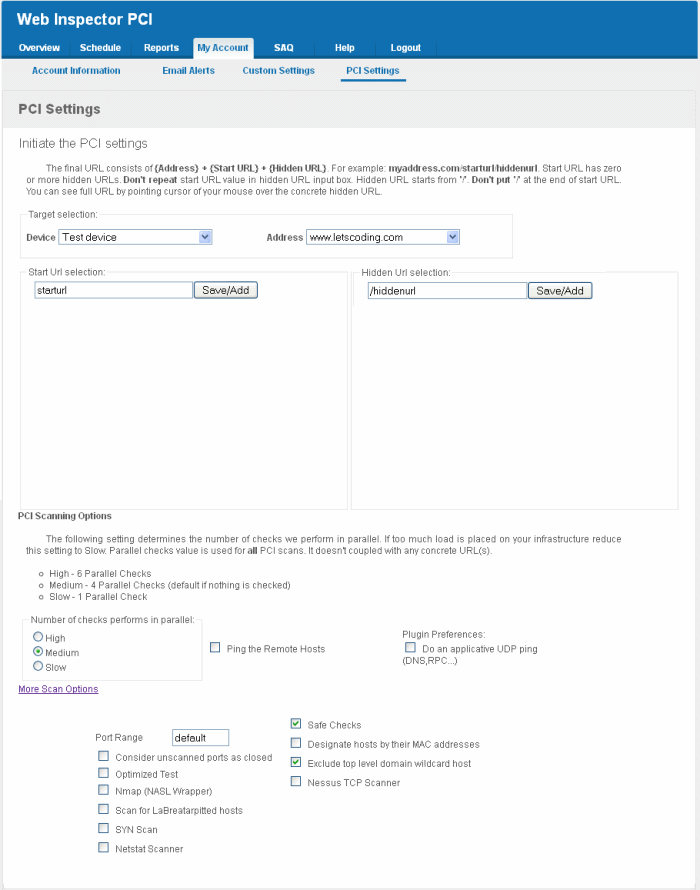 PCI Settings, Vulnerability Management, PCI scan | COMODO Web Inspector